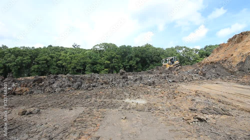 Deforestation. Environmental destruction. Excavator construction work ...