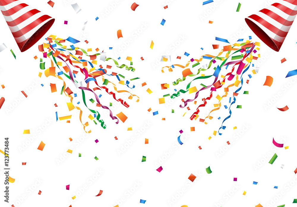 Exploding party popper with confetti and streamer on white background ...