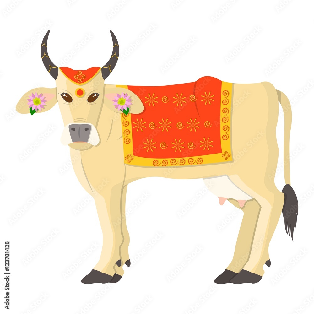 Sacred cow icon in cartoon style isolated on white background. India ...