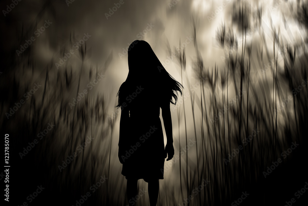 Girl walking in the woods,Horror Background For Halloween Concept And ...