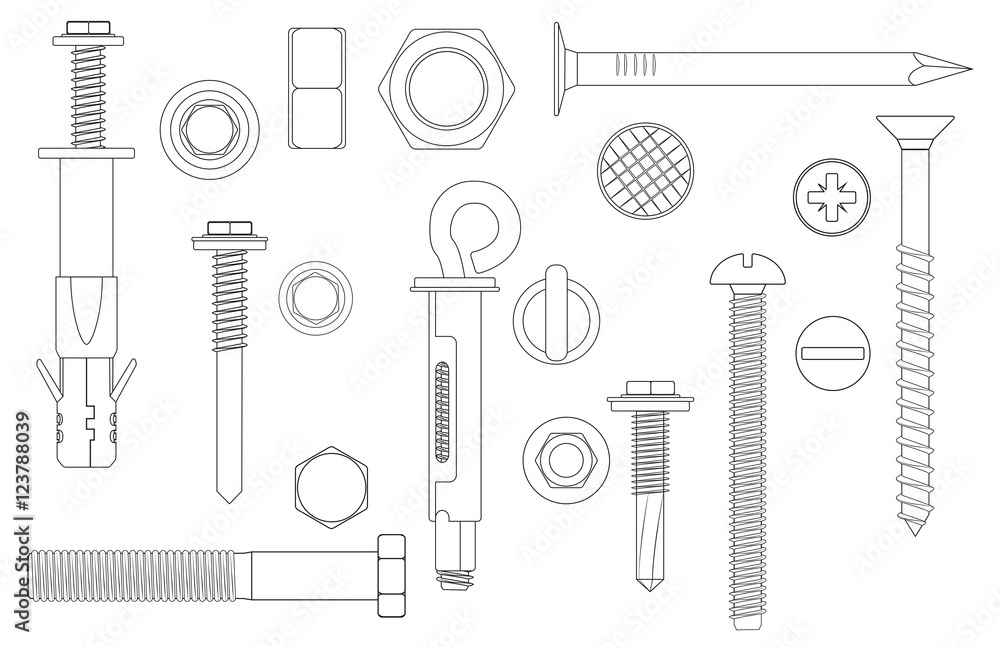 Construction Hardware set Bolts, Screws, Nuts and Rivets. vector ...