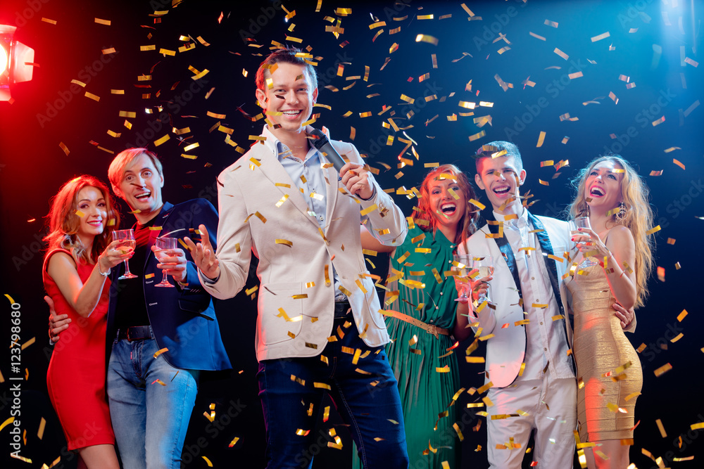 Party and celebration. Group of happy smiling friends having fun ...