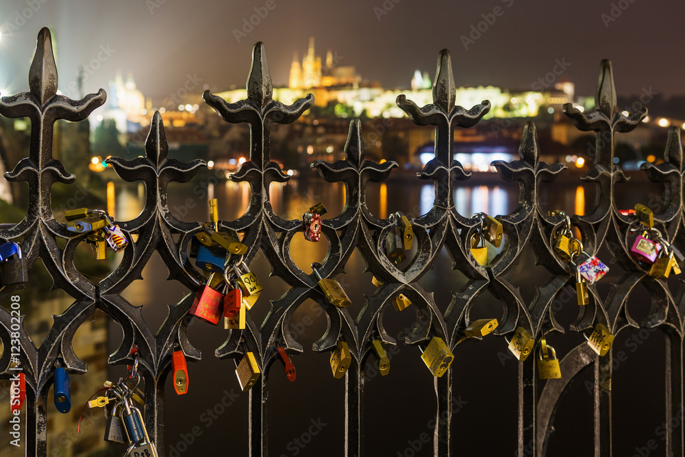 Many Love locks on the fence, heart padlock on the Charles Bridge in ...