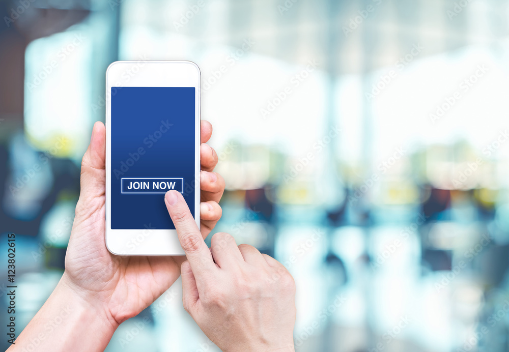 Hand holding mobile with join now and empty screen for adding y Stock ...