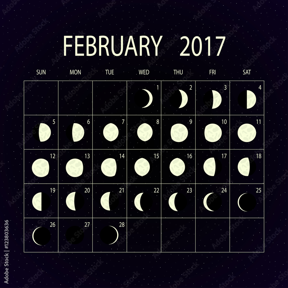 Moon phases calendar for 2017. February. Vector illustration. Stock ...