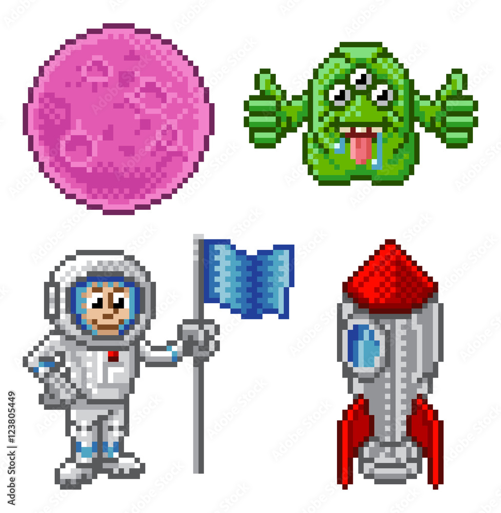 Pixel Art Cartoon Space Set Stock Vector | Adobe Stock