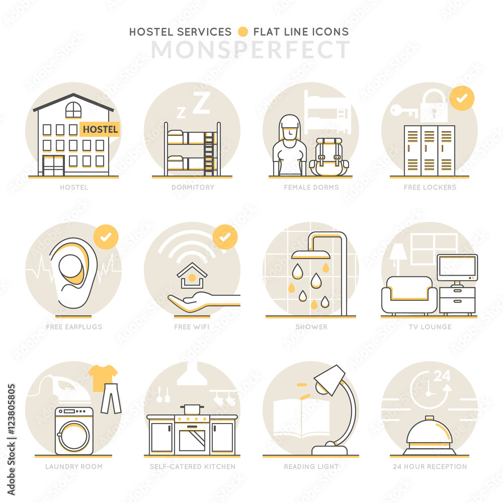 Infographic Icons Elements about Hostel Services. Flat Thin Line Icons ...