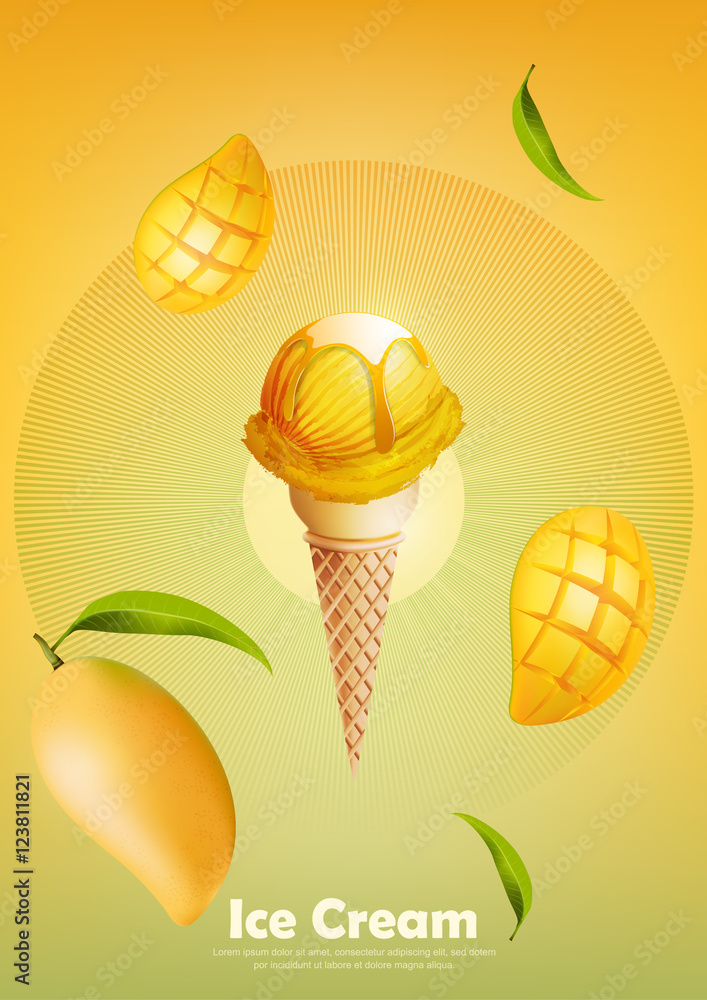 Ice cream in the cone, Pour mango syrup and a lot of mango background ...