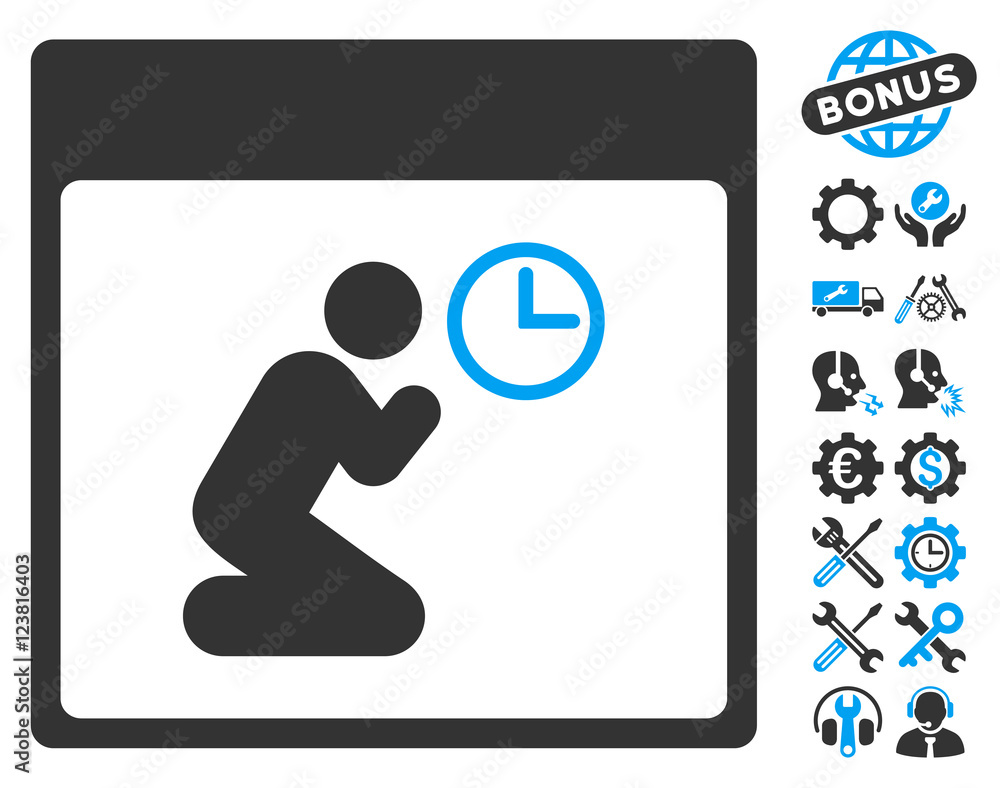 Pray Clock Calendar Page icon with bonus tools symbols. Vector ...