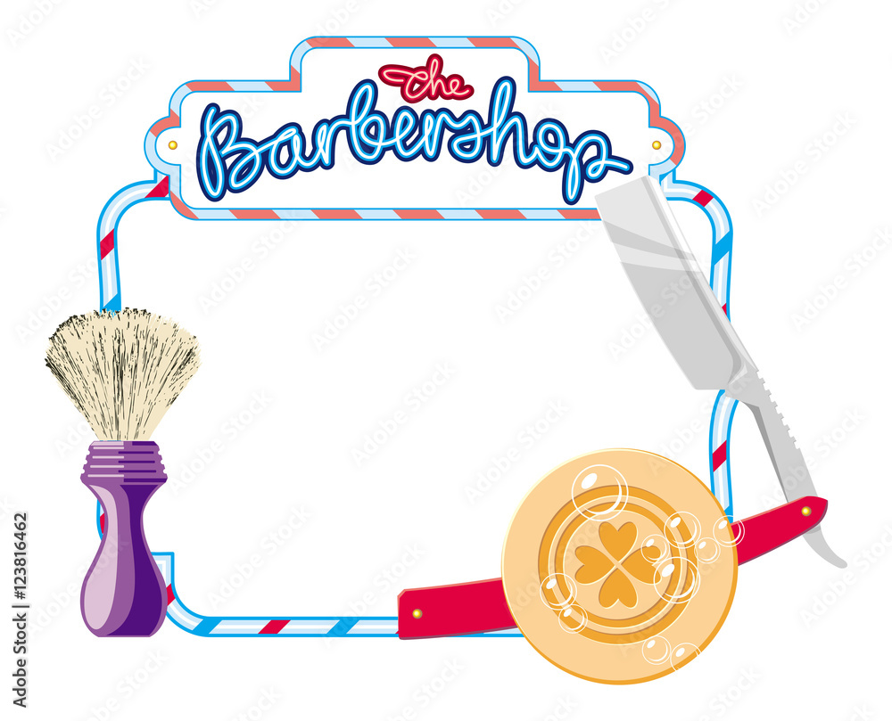Vertical frame with shaving equipment and hand-written sign "The ...
