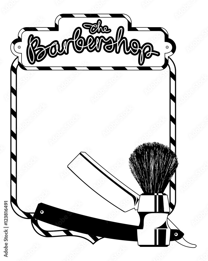 Vertical frame with shaving equipment and hand-written sign "The ...