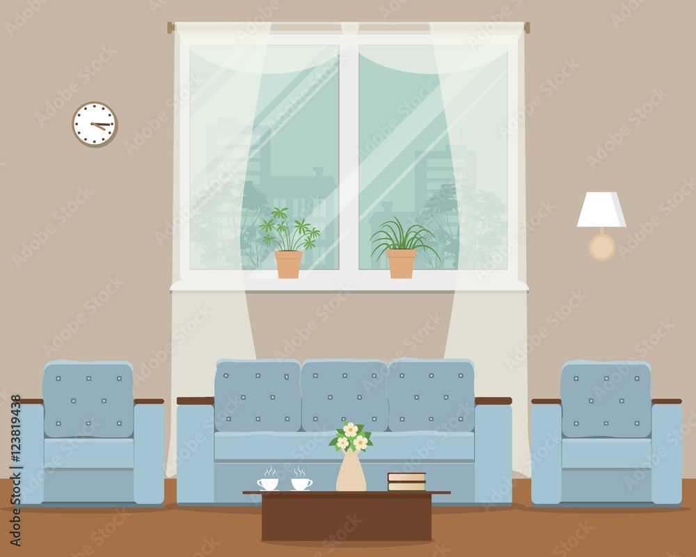 Living room. Vector flat illustration. There is a blue sofa, a two ...