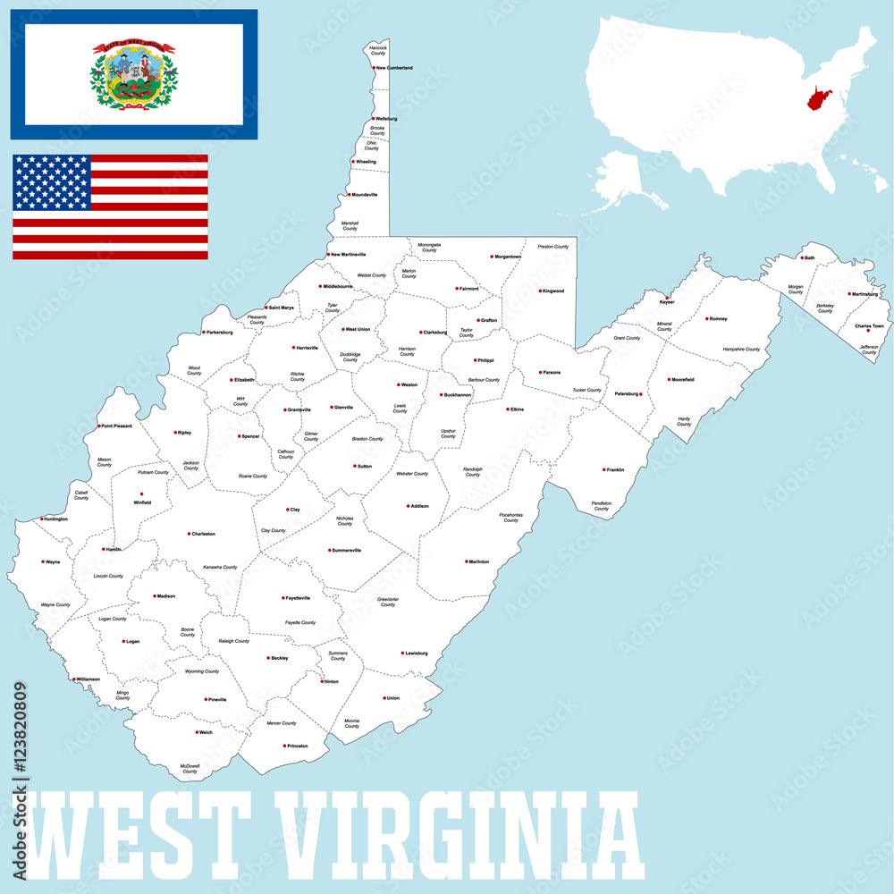 A large and detailed map of the State of West Virginia with all counties and county seats Stock ...