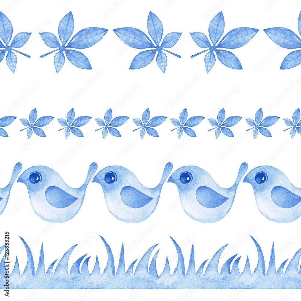 Set of blue watercolor seamless borders. Isolated on white. Hand drawn ...