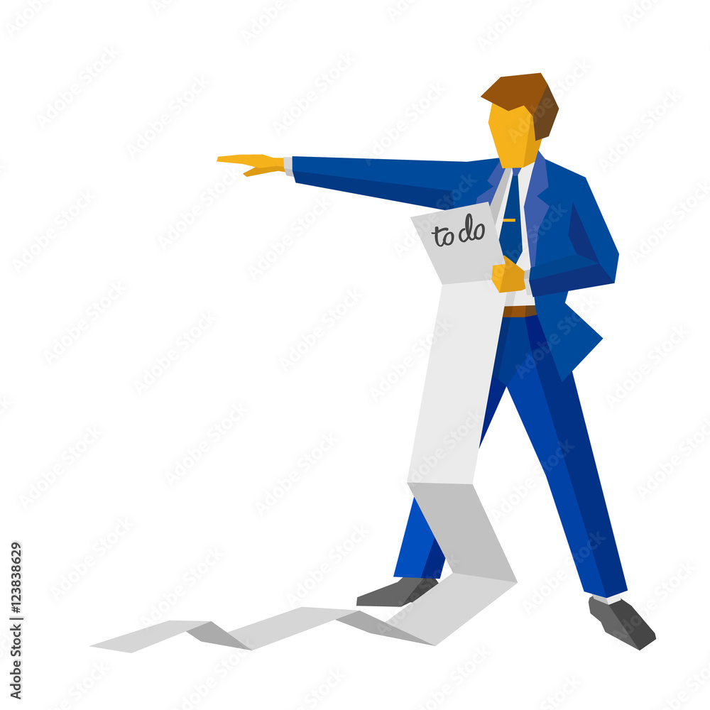 Businessman holding a very long to-do list and gives instructions ...