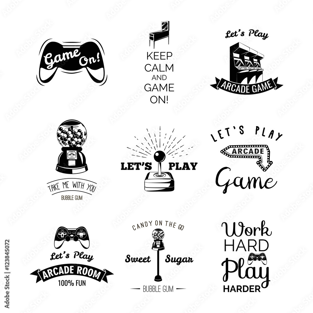 Vector video games labels set. Arcade game room. Let's play videogame ...