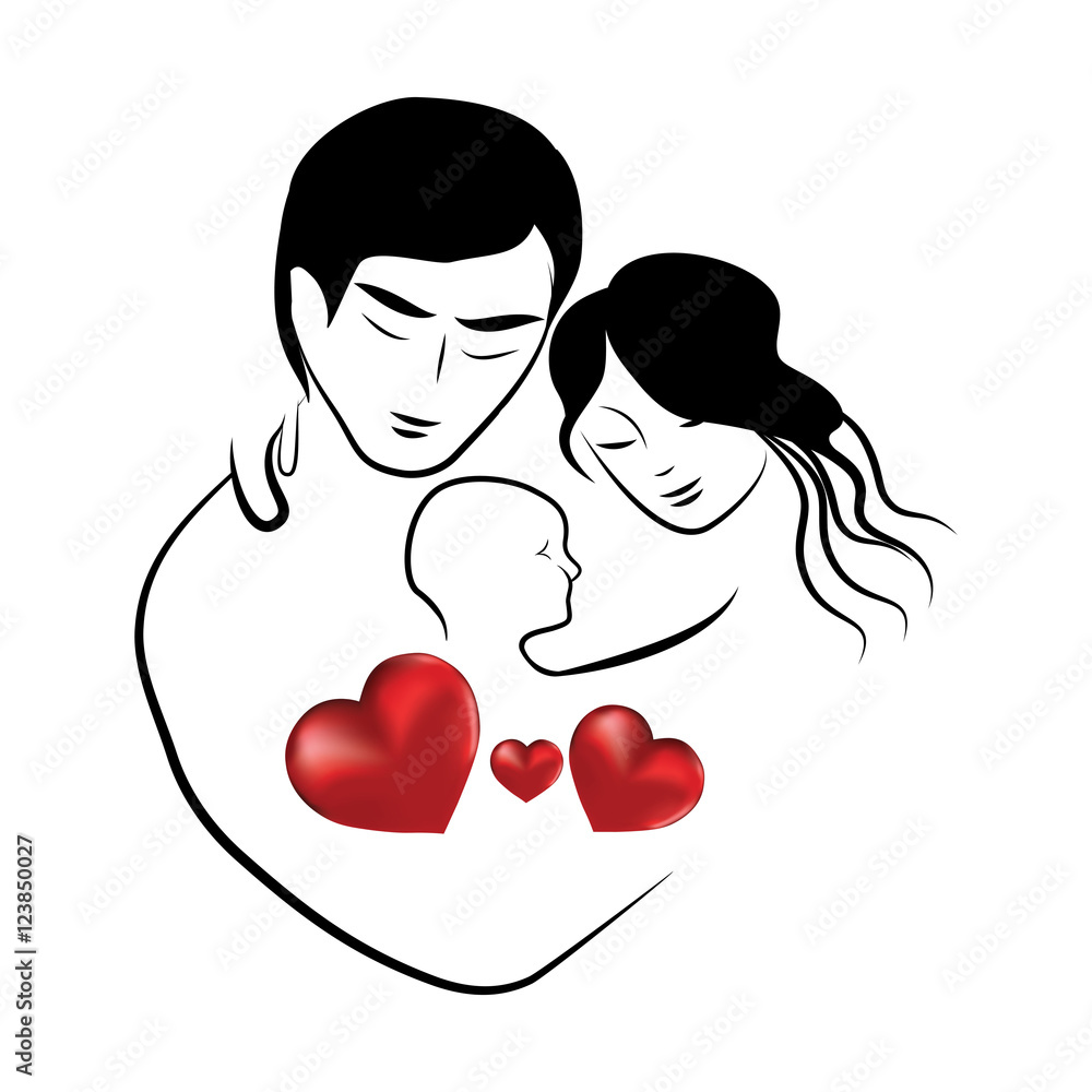 family heart icon, symbol parents sketch of lovely young married couple ...