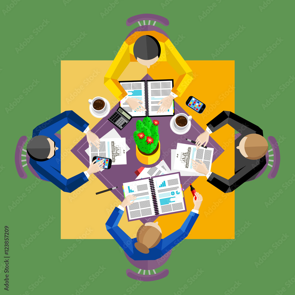 Teamwork concept. Workspace background, vector illustration. Top view ...