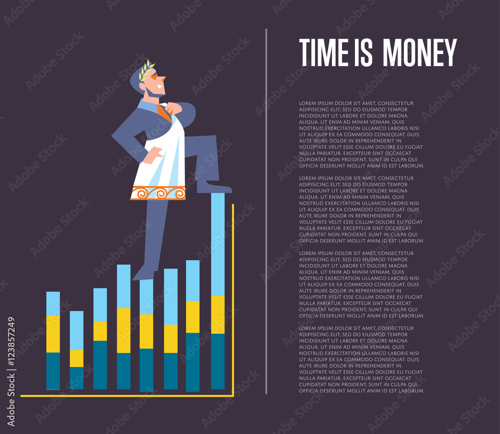 Time is money banner with businessman in roman toga and laurel wreath ...