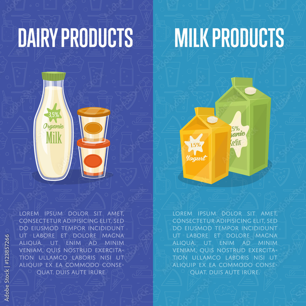 Dairy products vertical flyers with different milk composition isolated ...