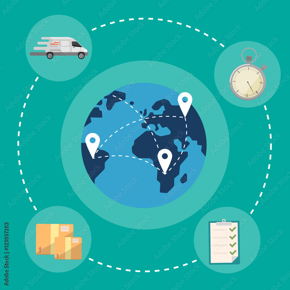 Blue globe with routes on green background. Fast delivery banner ...