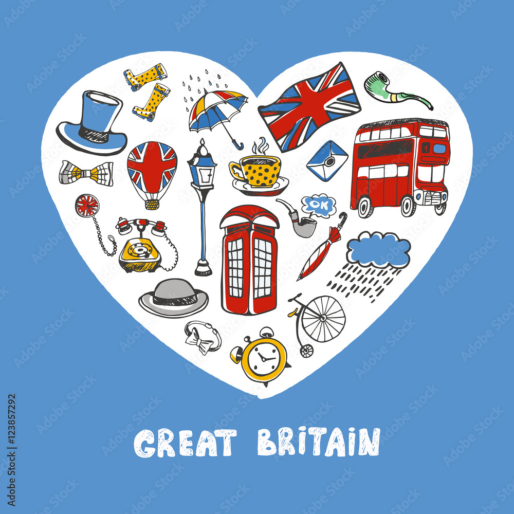 Love Great Britain. White heart filled with vintage doodles related ...