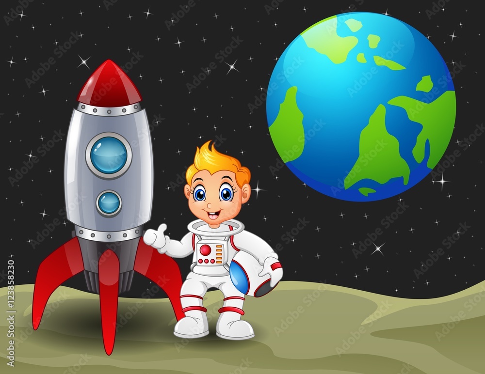 Cartoon astronaut boy holding a helmet and rocket space ship on the ...
