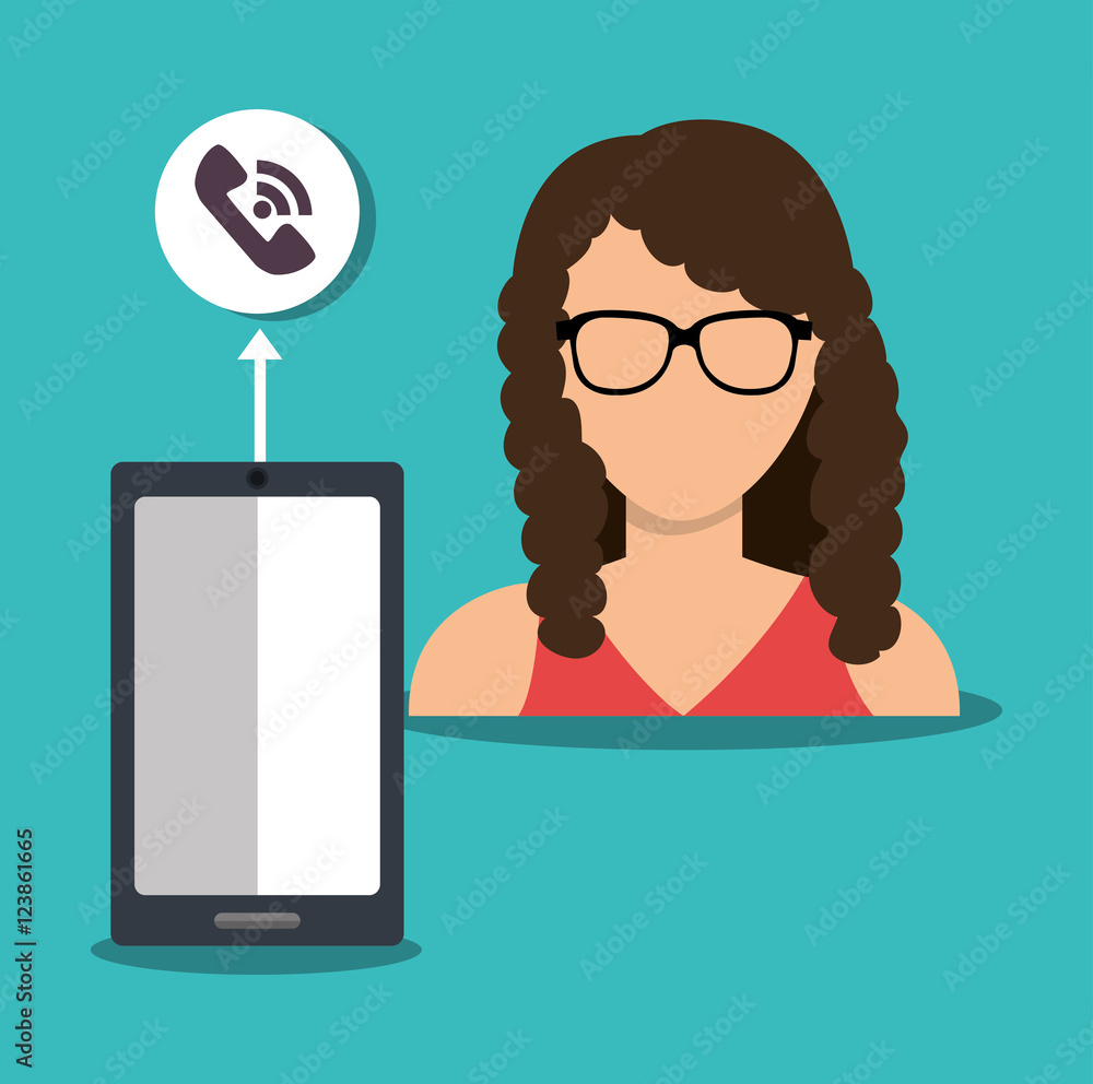avatar woman and smartphone device and telephone icon over blue ...