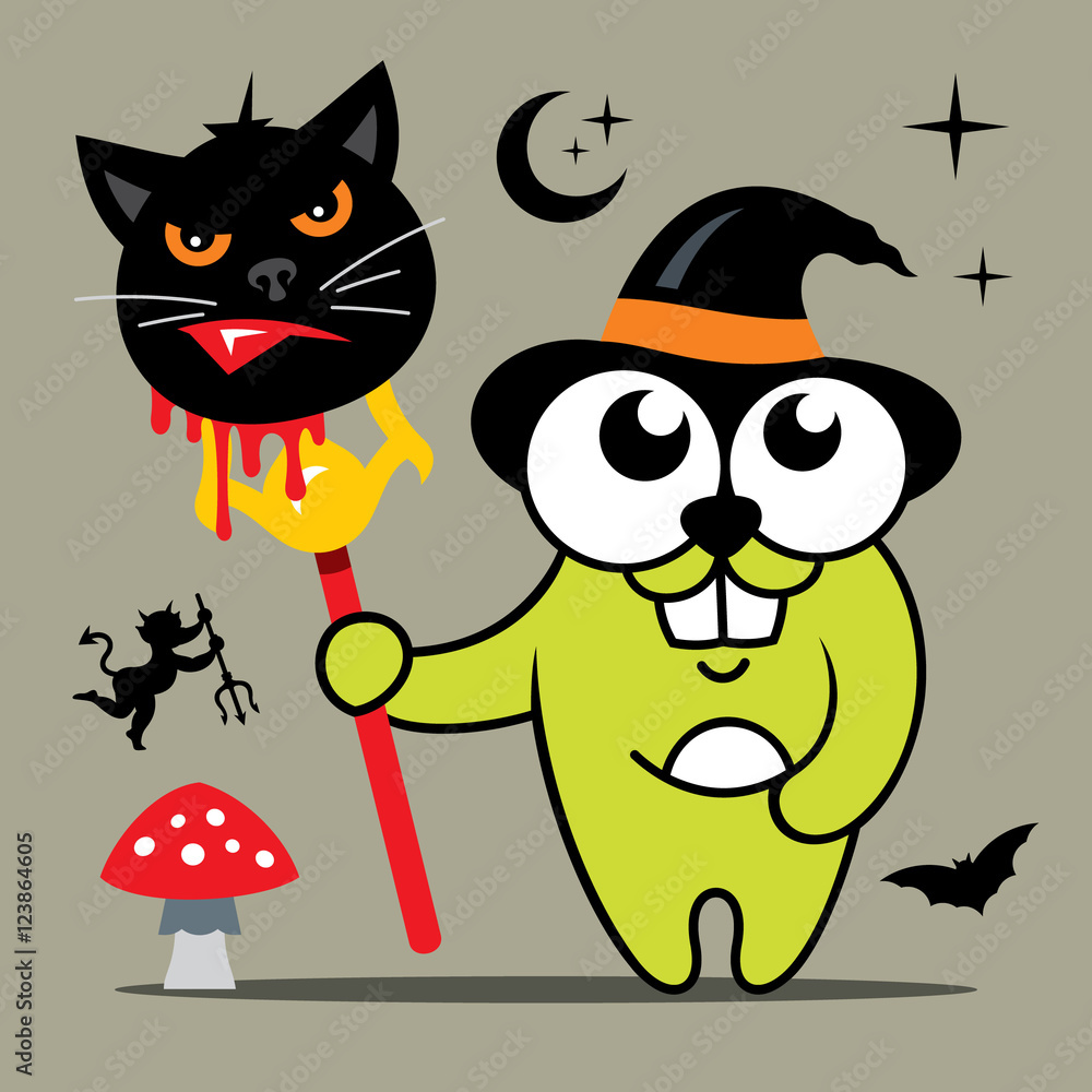 Vector Halloween Crazy Rabbit in witch hat Cartoon Illustration. Stock ...