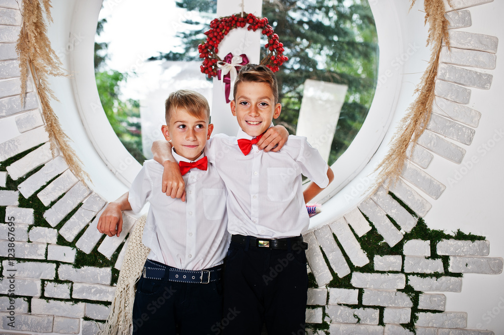 Two brothers posed at studio room background round window Stock Photo ...
