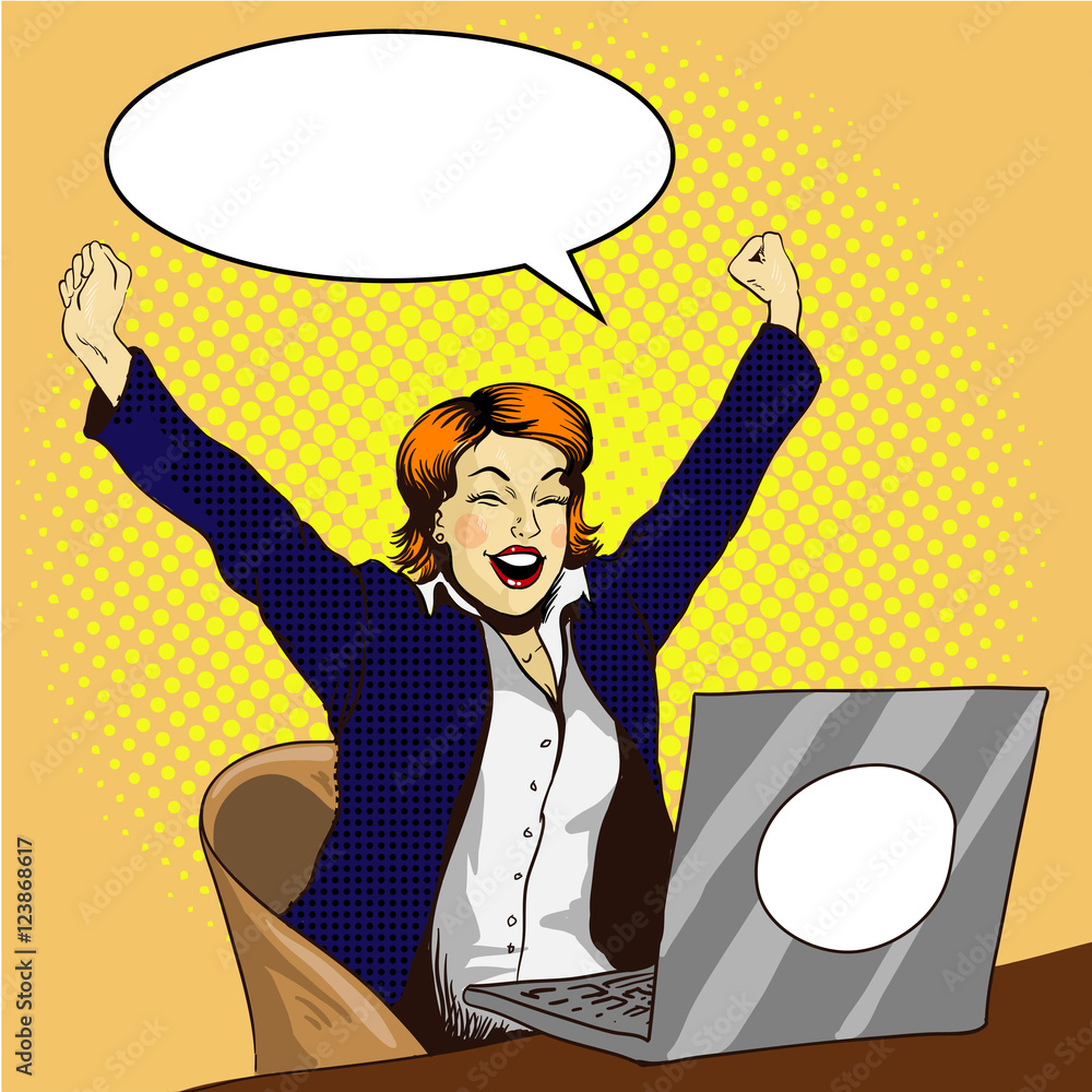 Woman work on laptop retro comic pop art vector illustration ...
