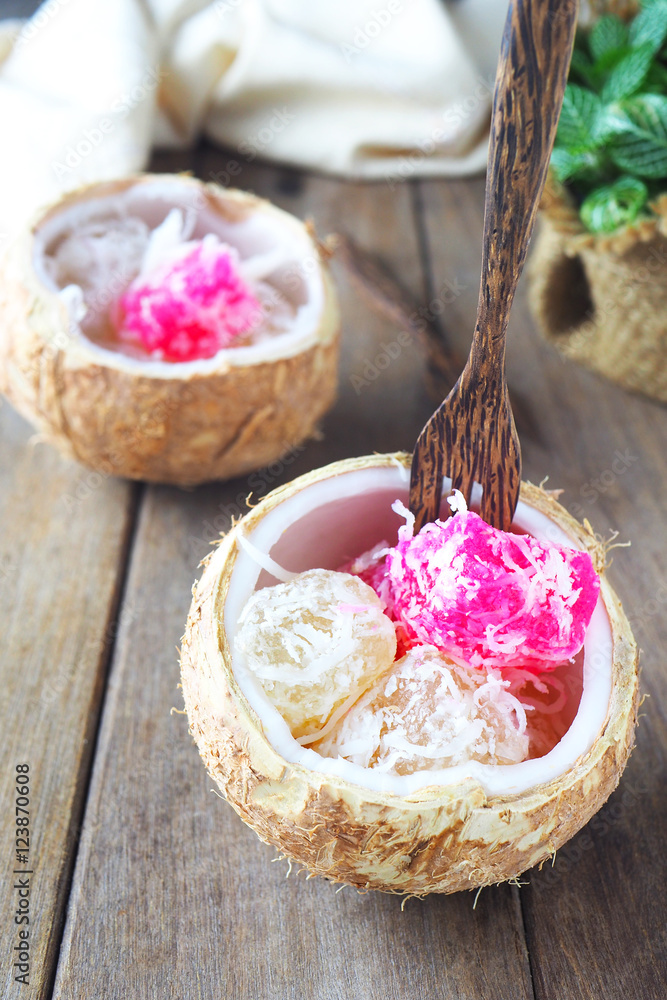 Close up of traditional asian steamed cassava cake with shredded ...