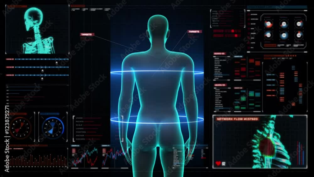 Zooming Female body and scanning Human skeletal structure, bone system ...