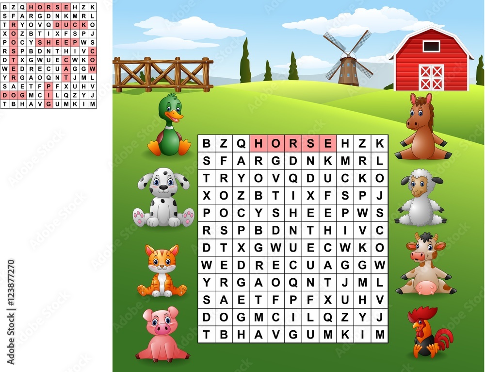 Word search puzzle about farm animals Stock Vector | Adobe Stock