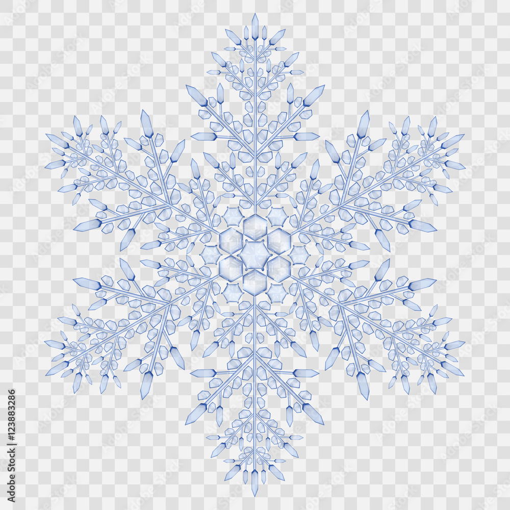 Big translucent crystal snowflake in blue colors on transparent ...