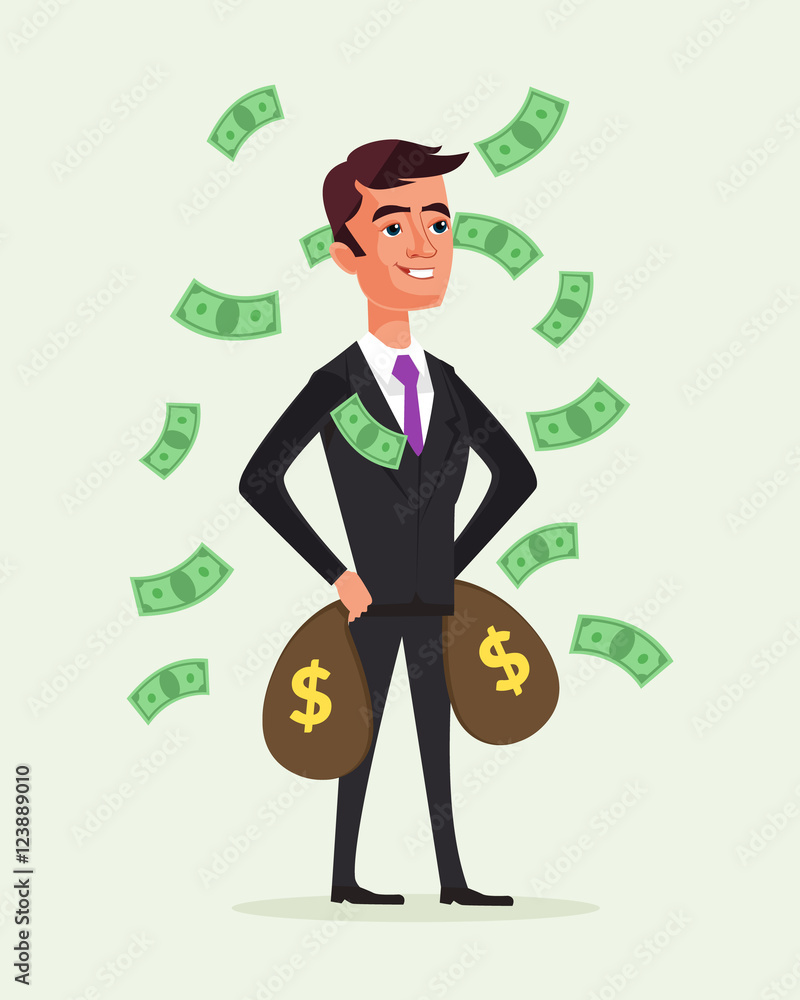 Rich businessman character hold money bags. Financial success concept ...