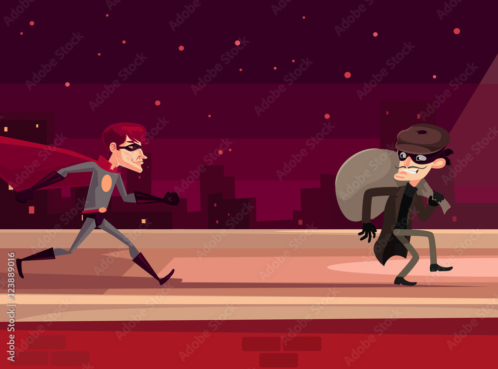 Superhero man character catches thief character. Vector flat cartoon ...