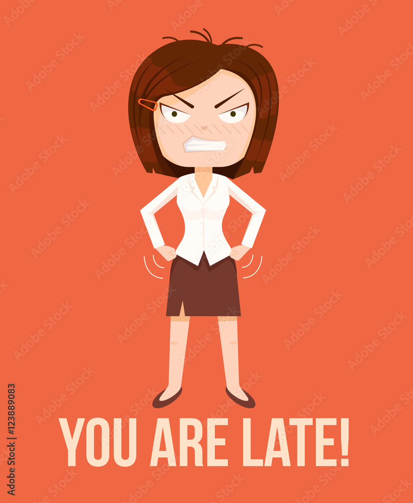 Angry woman boss character. Lateness concept. Vector flat cartoon ...