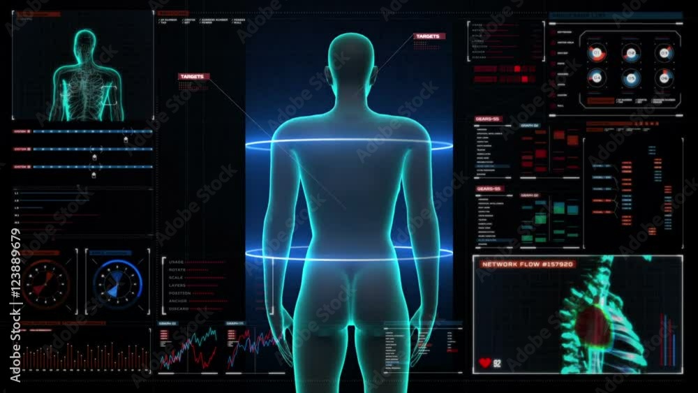 Zooming female Human body scanning internal organs, Digestion system ...
