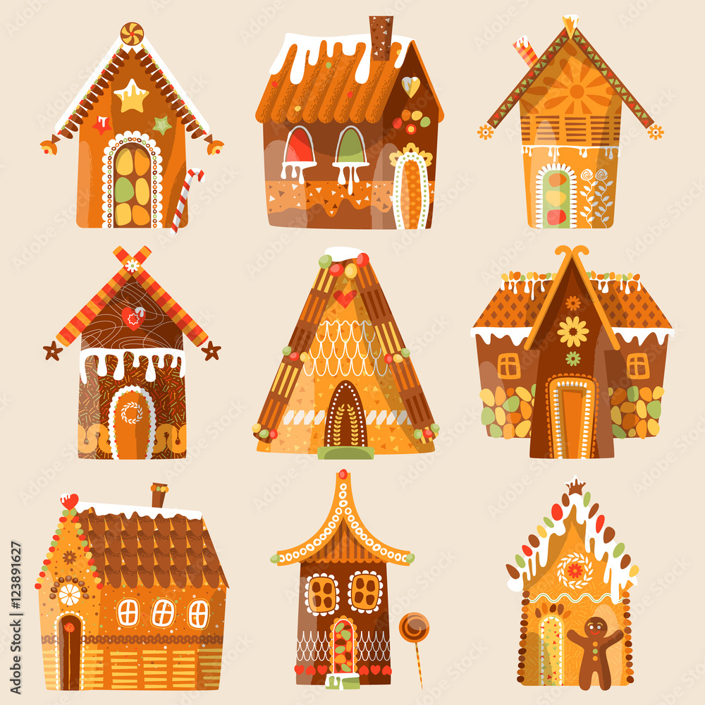 Set of 9 festive gingerbread houses. Christmas tradition. Stock Vector ...