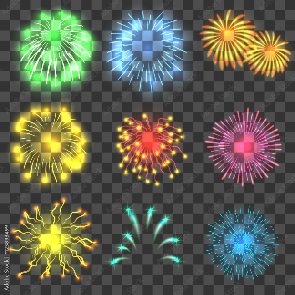 Fireworks concepts set. Realistic illustration of 9 fireworks vector ...