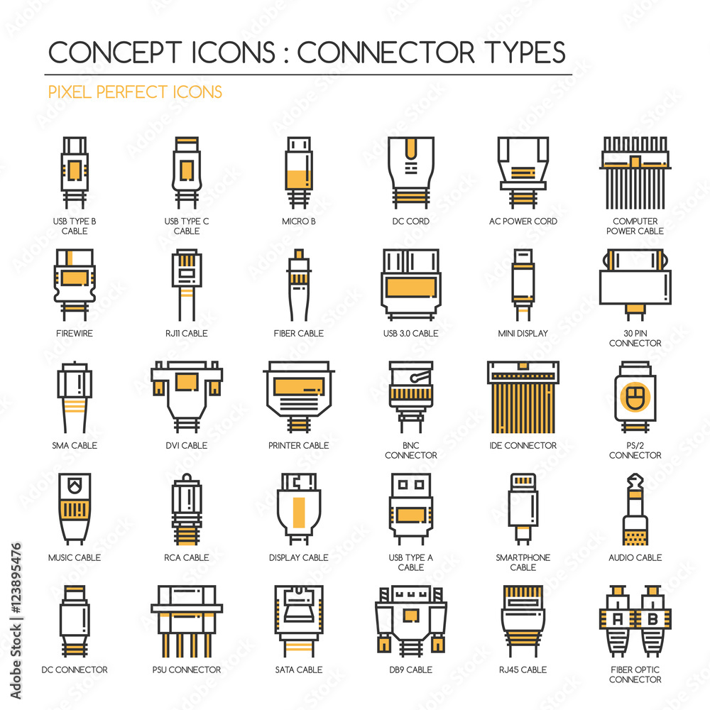 Connector Types , Thin Line and Pixel Perfect Icons Stock Vector ...