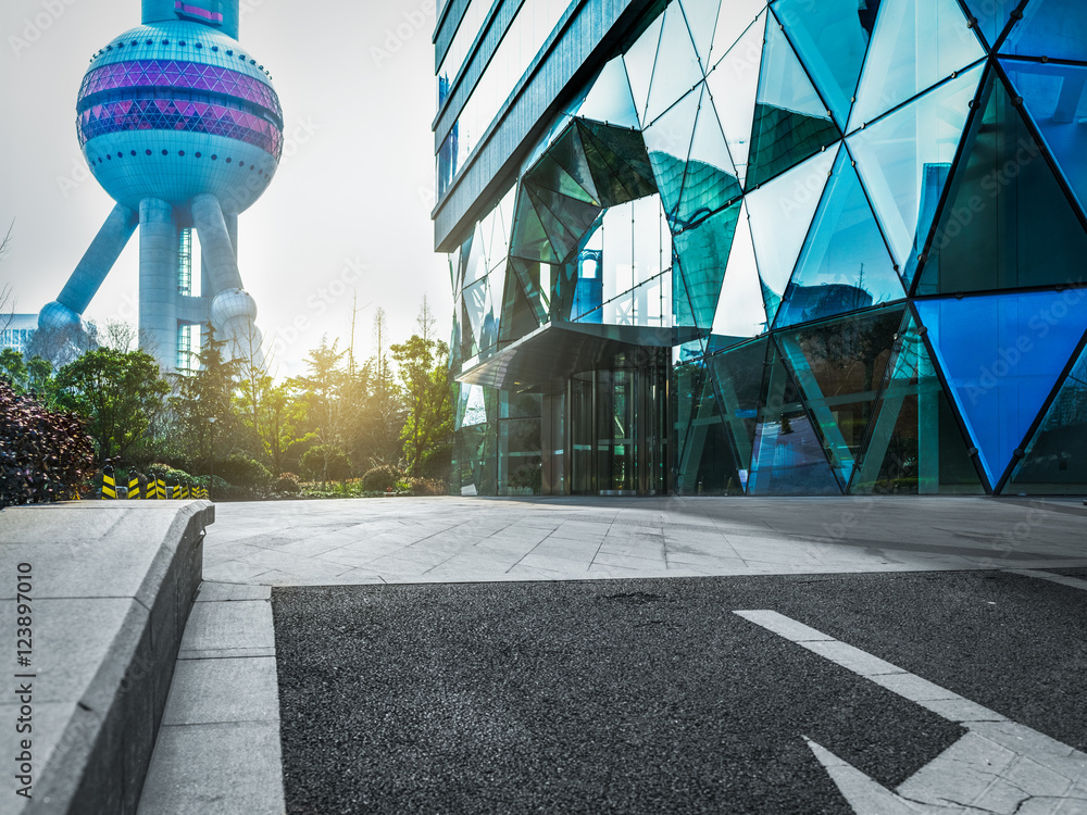 modern building entrance with the oriental pearl tower background ...
