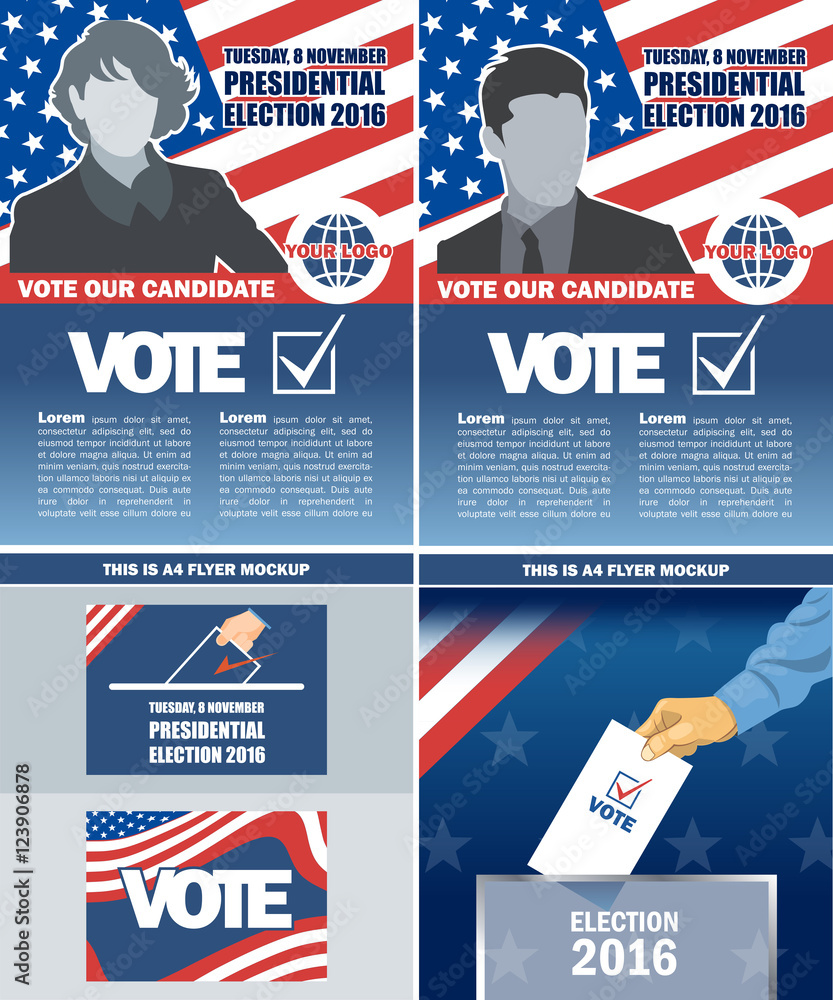 Usa 2016 election a4 flyer mockup with country map, vote checkbox, male ...