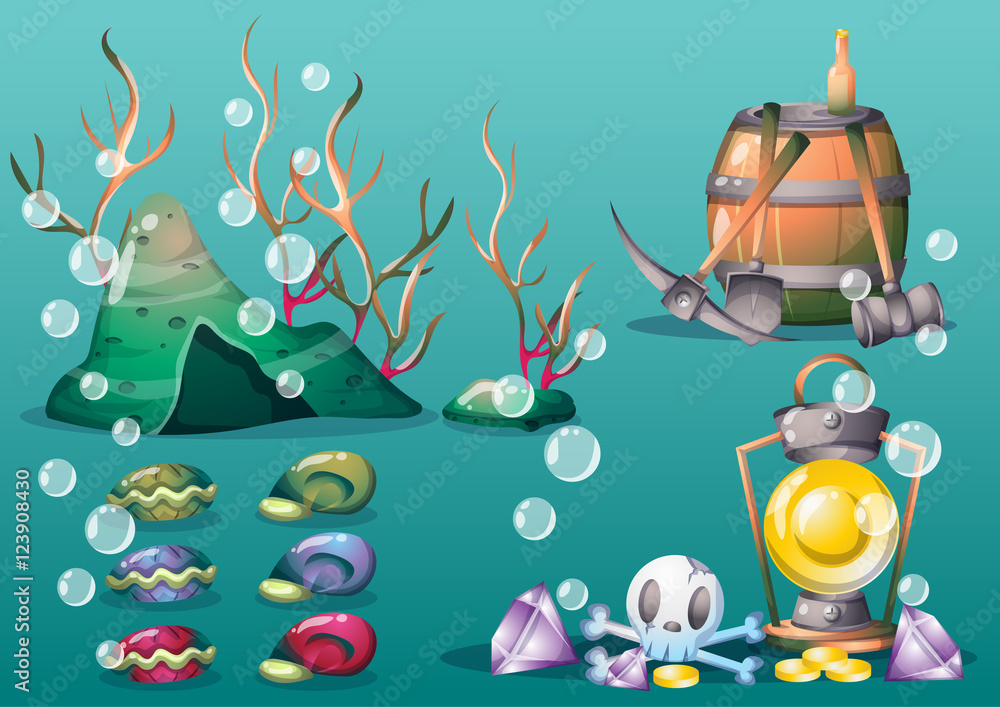cartoon vector underwater objects with separated layers for game art ...
