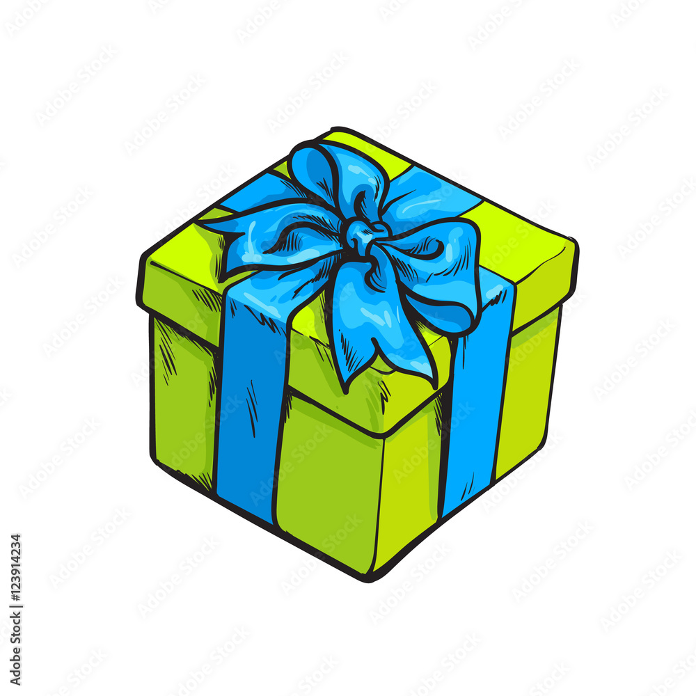 Red hand-drawn square gift box with bow and ribbon, sketch style vector ...