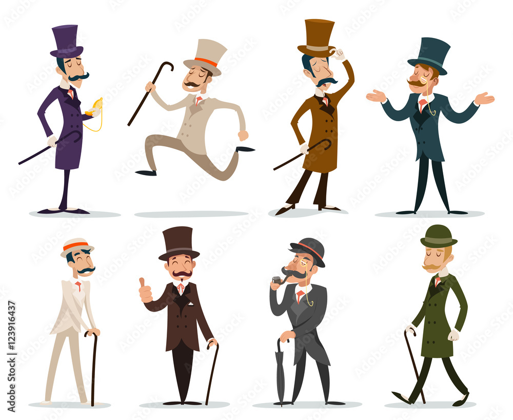 Gentleman Victorian Business Cartoon Character Icon Set English ...