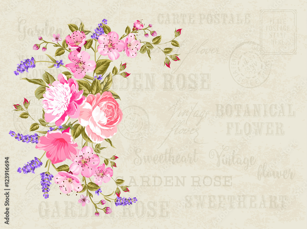 Flower garland illustration. Spring flowers with text place over text ...
