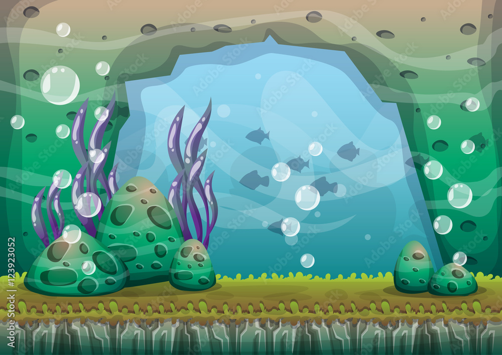 cartoon vector underwater background with separated layers for game art ...