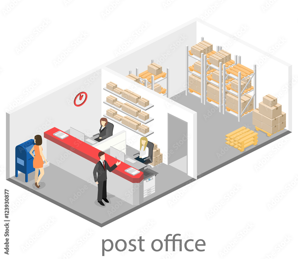 Isometric flat 3D interior of post office. Stock Vector | Adobe Stock